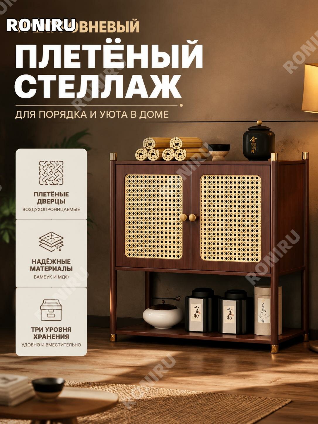 Напольный стеллаж3 яруса, бамбук, МДФ и искусственный ротанг, бордовый,70 см