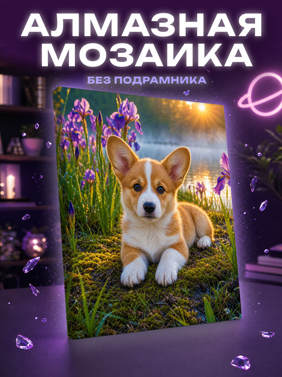 Алмазная мозаика Щенок корги среди ирисов