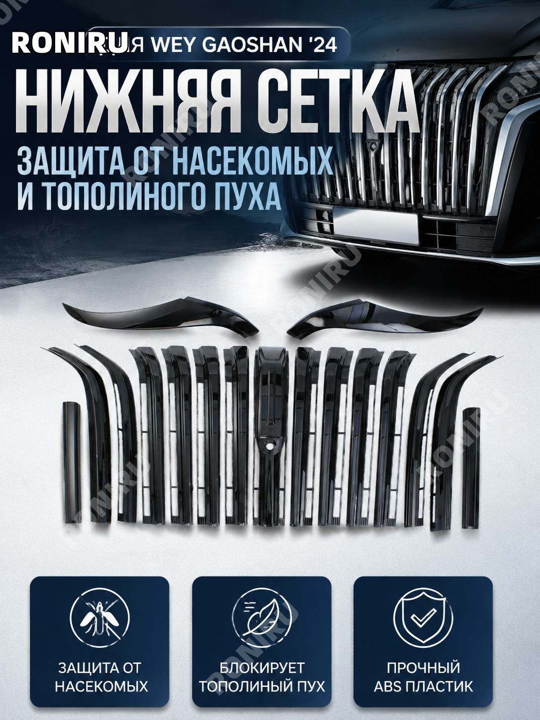 Нижняя сетка радиатора от насекомых для WEY Gaoshan 2024, ABS, черный глянец