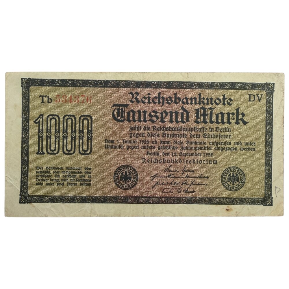 Веймарская республика (Германия) 1000 марок 1922 г. (ВЗ - Волны, J) (Литера DV) (Серия Tb)