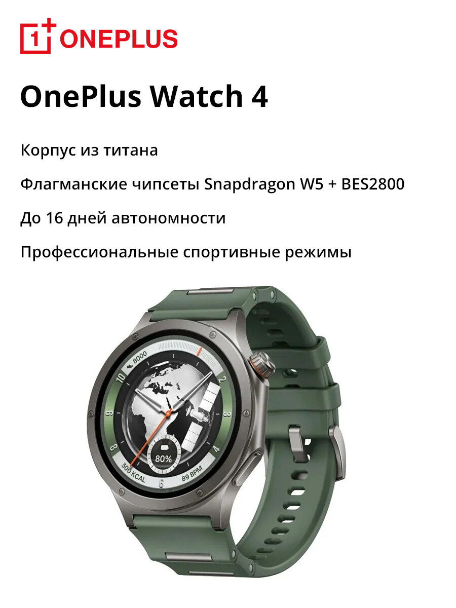 Смарт-часы OnePlus Watch 4 | Корпус из титана | Размер запястья 140–210 мм | LTPO OLED 466×466 | 646 мА·ч | Bluetooth 5.2