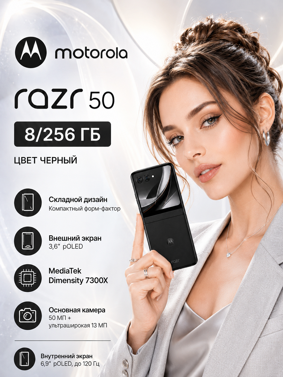 Смартфон Motorola Razr 50 5G 8/256 ГБ, черный, раскладной корпус, большой экран