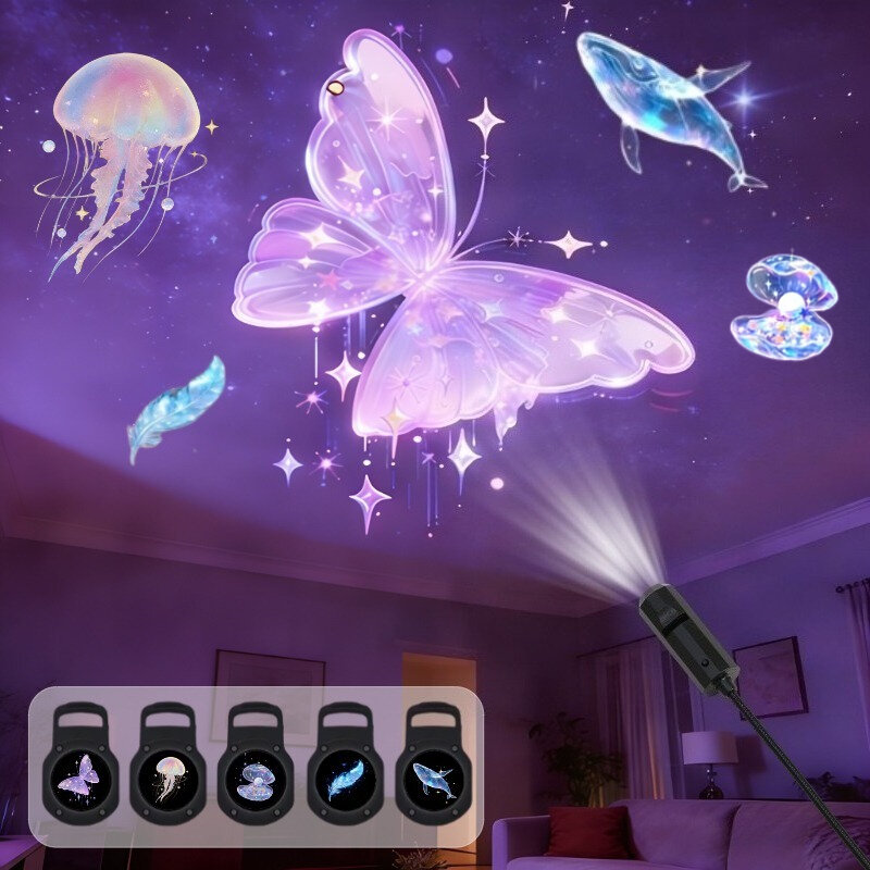 5 шт. USB LED проекционный светильник с узорами кита, бабочки и пера, ночник для стен и потолка, USB ночник для спальни, подарок