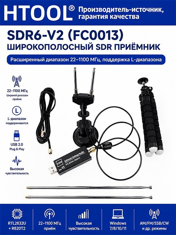 USB SDR приёмник RTL2832U FC0013 для работы с радиосигналами 22-1100 МГц, набор с двойной SMA антенной