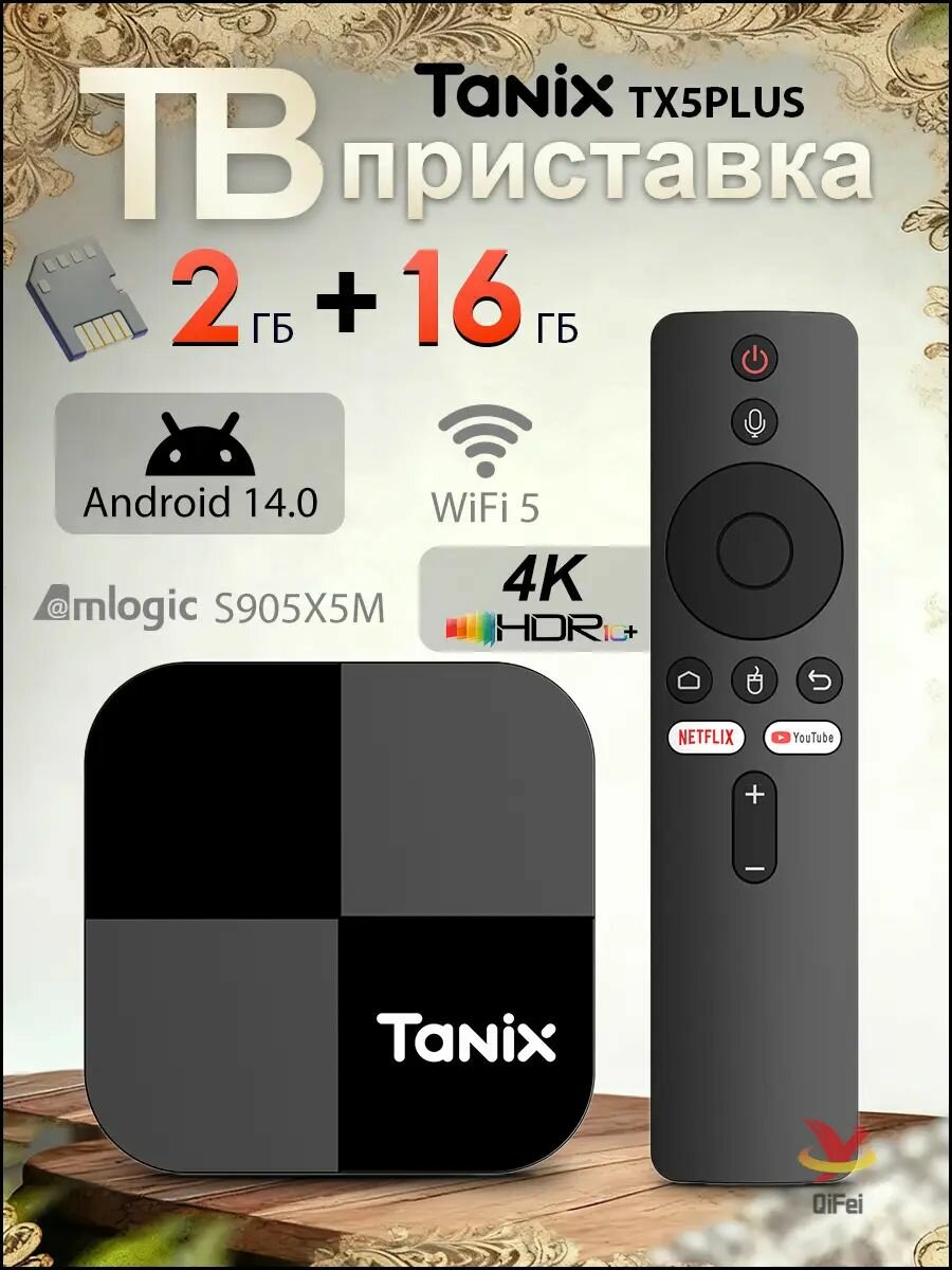 Tanix TX5 PLUS Android 14 Amlogic S905X5M 2.4G / 5G Двойный WIFI BT 1000M LAN AV1 4K Медиаплеер ТВ коробка система караоке WiFi-x