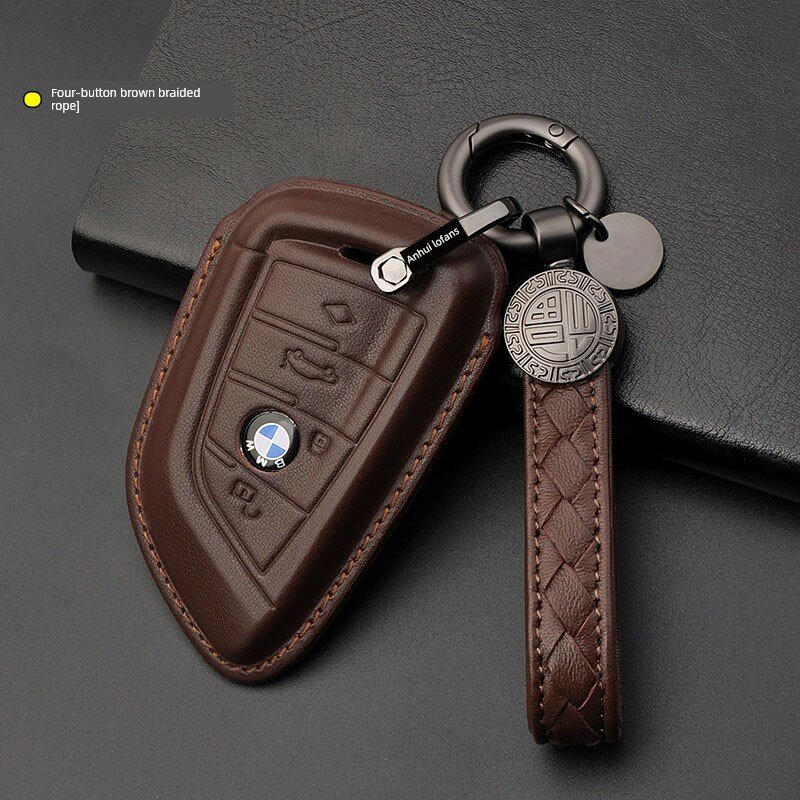 Кожаный чехол для ключа BMW для моделей 3/5/7 серии — тановый с брёвновым шнуром