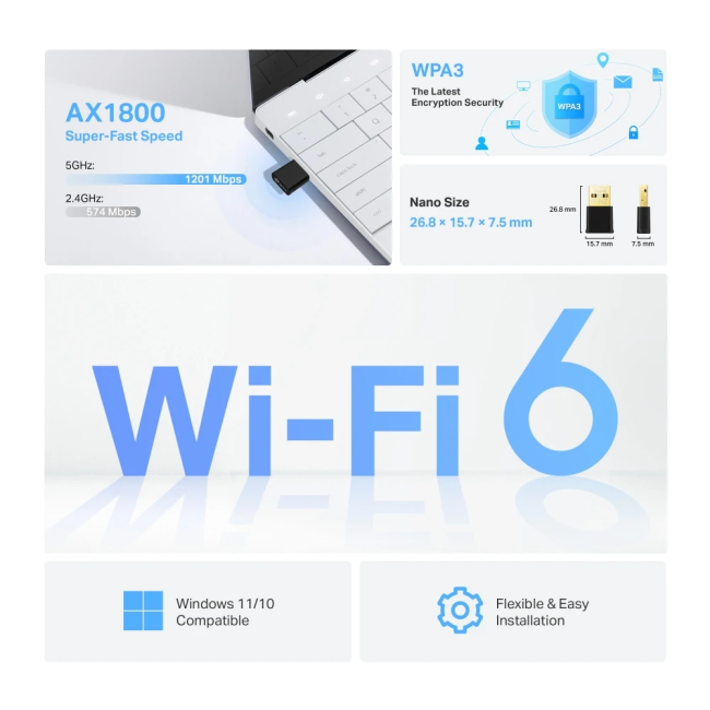 TP-Link Archer TX20U Nano Компактный USB-адаптер с поддержкой Wi-Fi AX1800 — фото 1