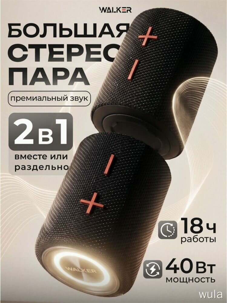 Колонка портативная WALKER 2в1 стереопара 40 Вт 18 часов беспроводная для компьютера и ТВ акустика