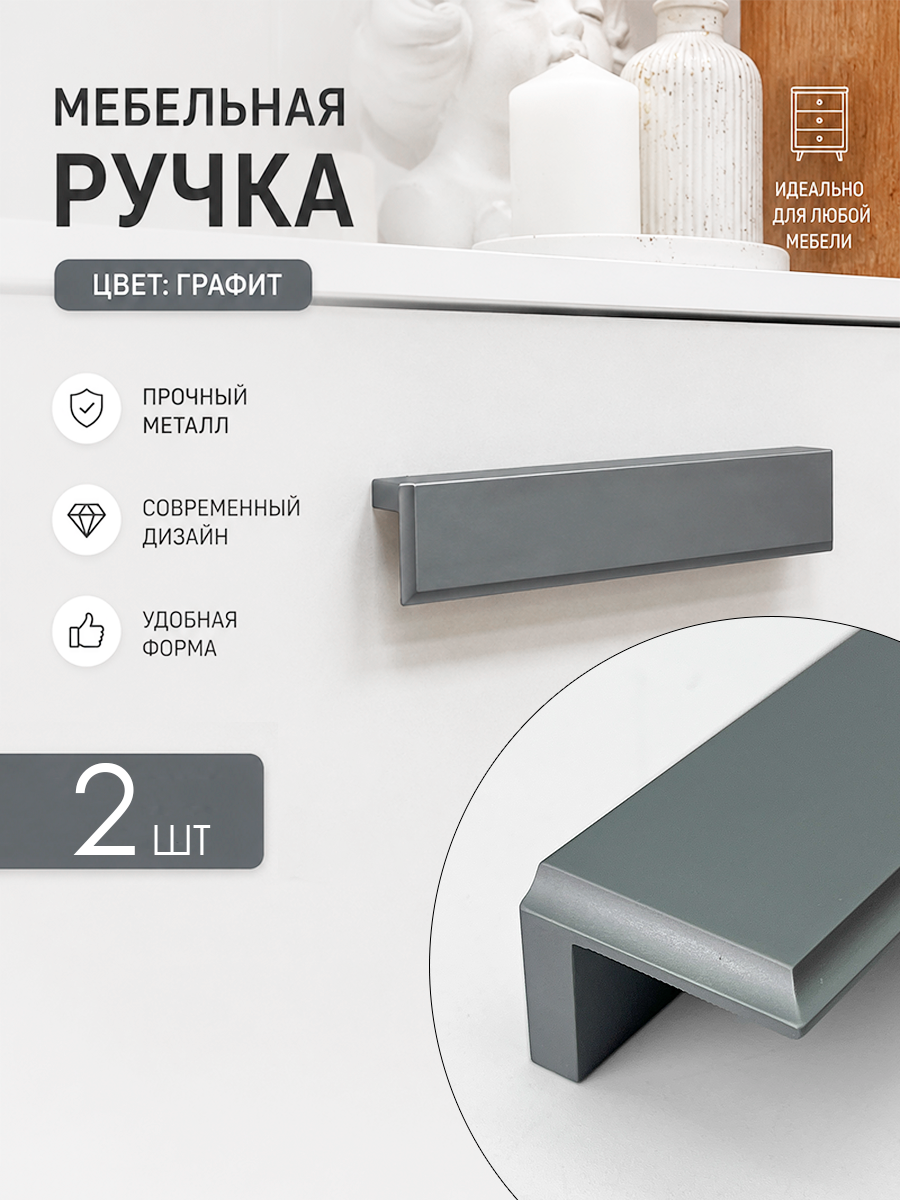 Дизайнерские ручки для мебели 128 мм, металлические, для шкафа кухни, цвет графит, комплект 2 шт.