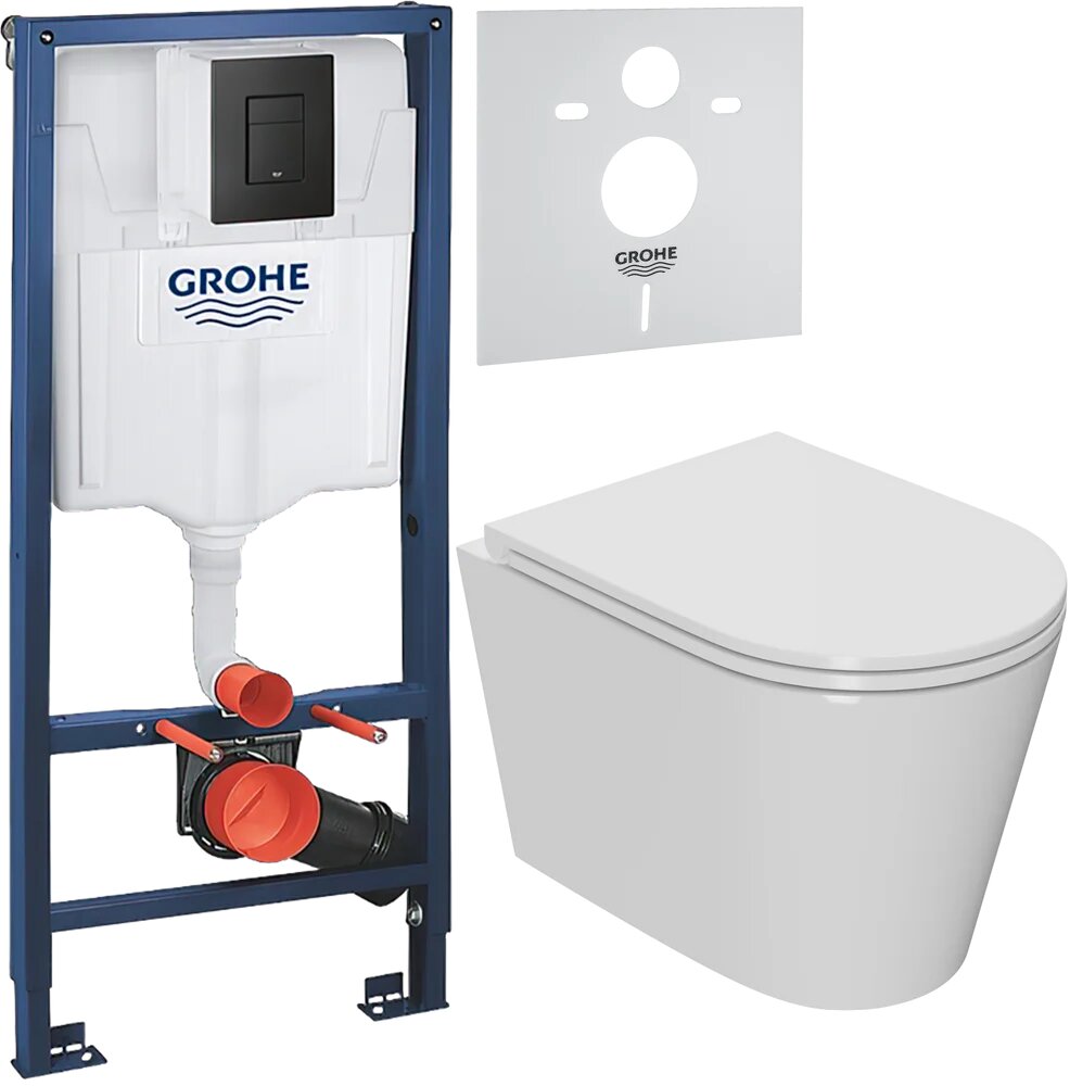 Комплект 3 в 1 Унитаз подвесной Bauedge Bau Nimb Hurricane-2 / Инсталляция с кнопкой Grohe Solido 38811KF0 цвет черный / Звукоизоляция 37131000