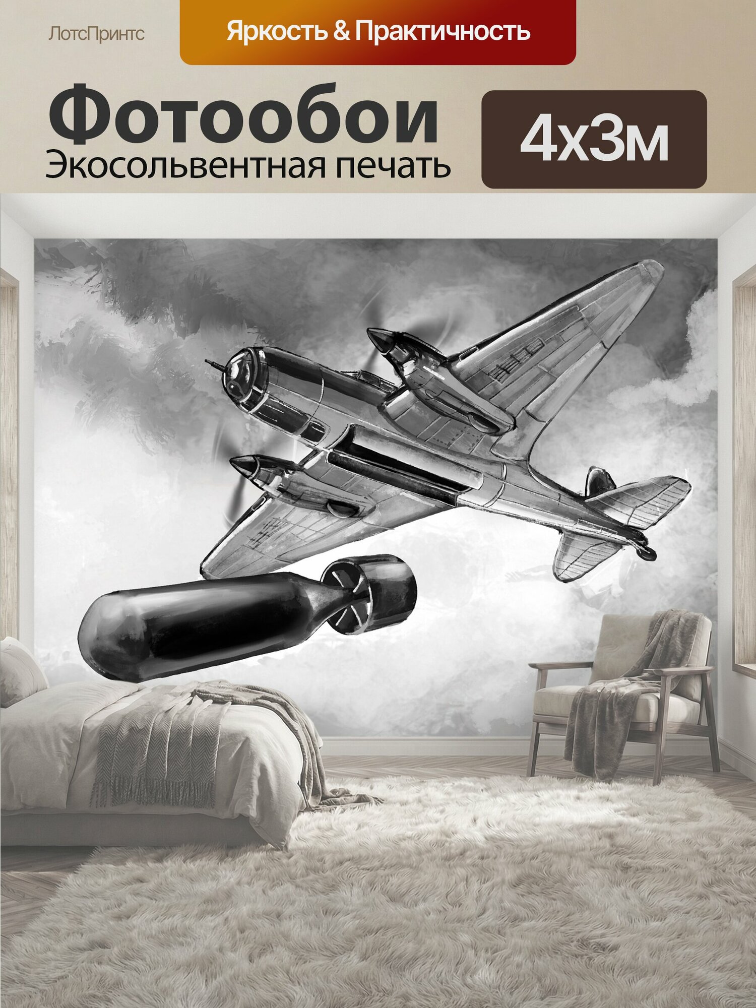 Фотообои "День победы, военный самолет, самолет победы" 400x300 см. экосольвентная печать