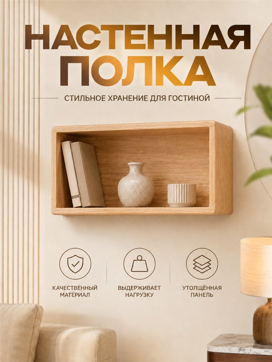 Настенная полка качественный материал утолщённая панель выдерживает нагрузку для хранения декора и книг в гостиной