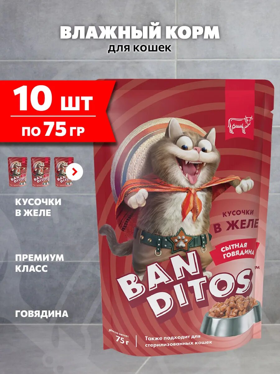 Корм влажный Banditos Сытная Говядина для взрослых кошек, 75 г 10 шт