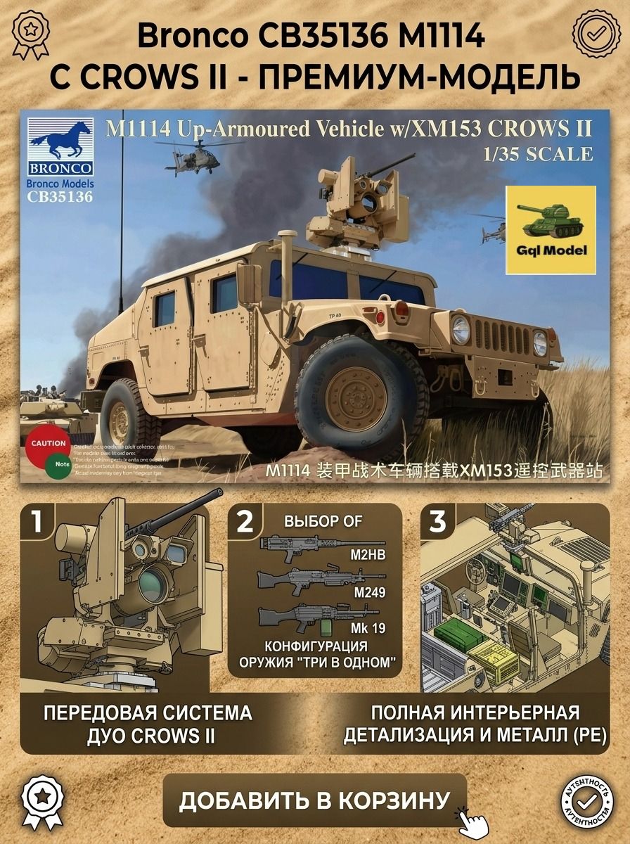 Сборная модель Bronco 1/35 HMMWV M1114 с дистанционной турелью CROWS II и полным интерьером, CB35136