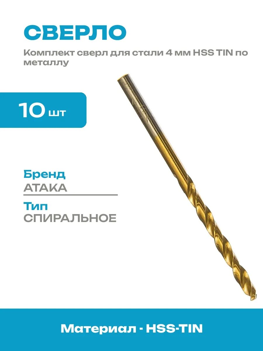 Набор сверл 4 мм по металлу 10 штук цилиндрический хвостовик