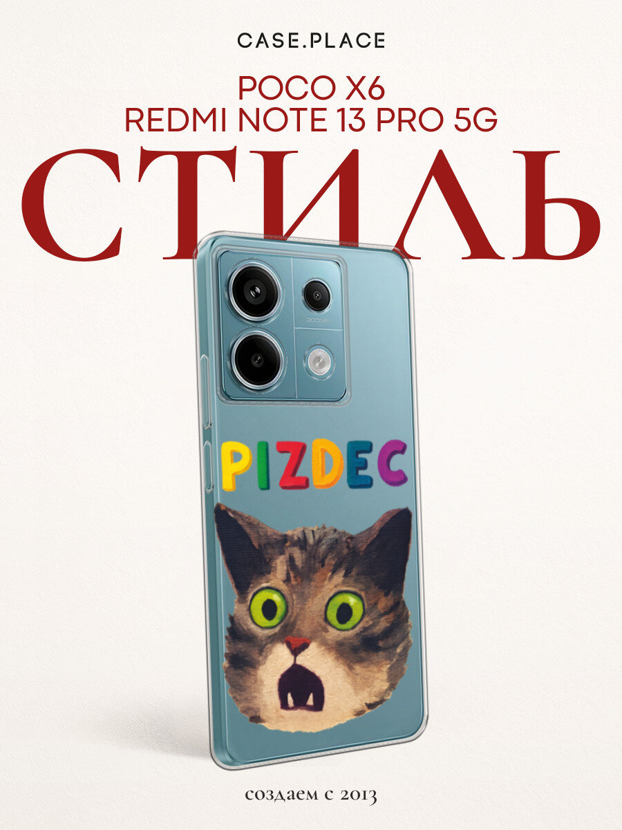 Чехол на Xiaomi Poco X6 / Поко Х6 с принтом Испуганный котик с надписью, прозрачный