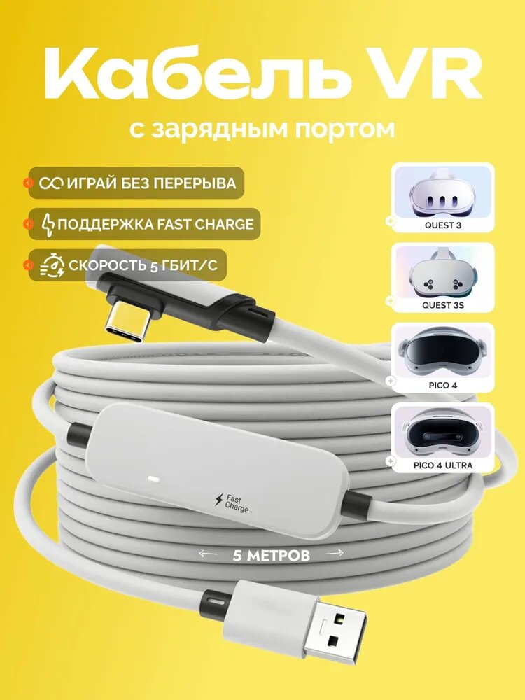Кабель с зарядным портом VR аксессуары для Oculus Quest 3 /3S/ Quest 2 / Pico 4/Ultra Upgraded Oculus Link
