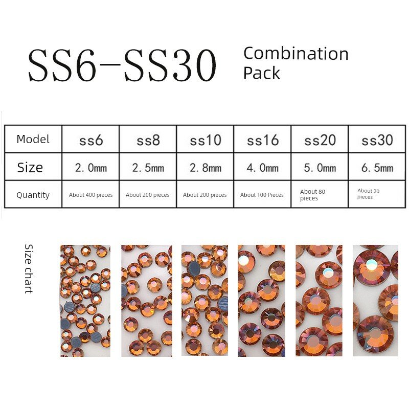 Ассортимент стеклянных бриллиантов цветовые коды SS6-SS30, 1000 штук для ногтей
