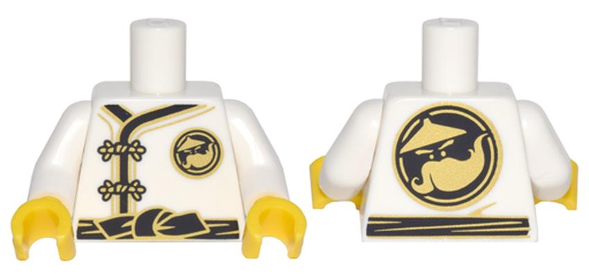 Деталь Lego 973pb2784c01 Torso Ninjago Robe with Gold Frog Clasps, Black Sash and Gold Sensei Wu Emblem Front and Back Pattern / White Arms / Yellow Hands