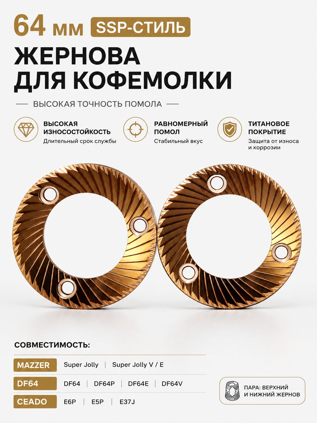 Титановые жернова 64 мм для кофемолки стиль SSP Fit for Mazzer Super Jolly / Mazzer Mini-E