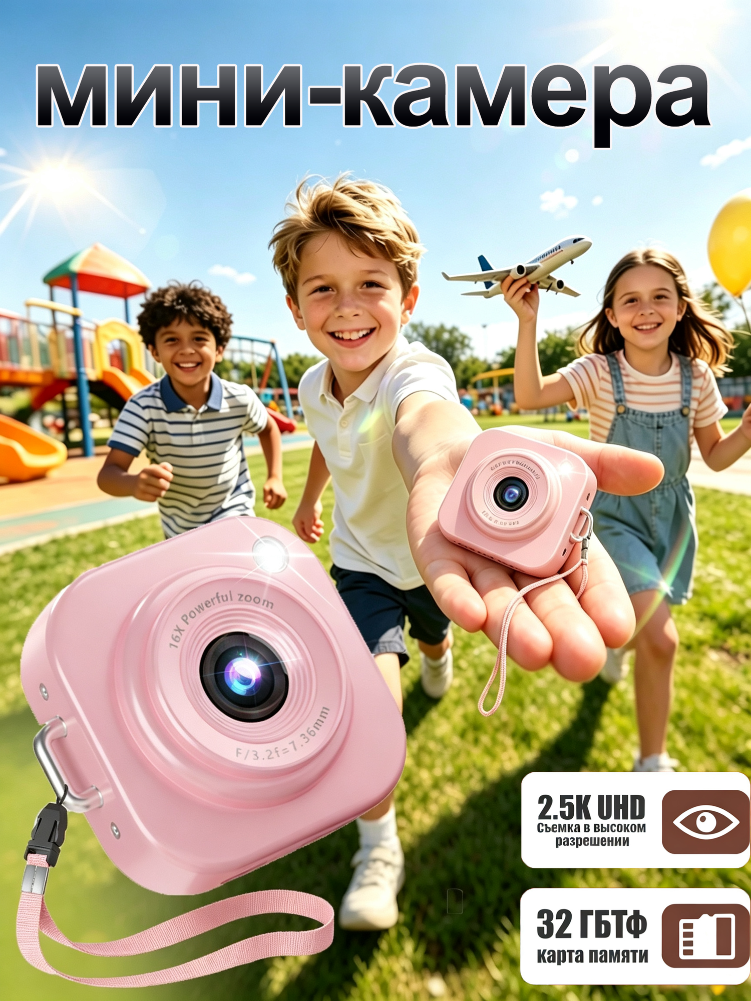 Цифровая фотоаппарат, разрешение 2,5K UHD, с картой памяти 32GB, подвеска, розовый