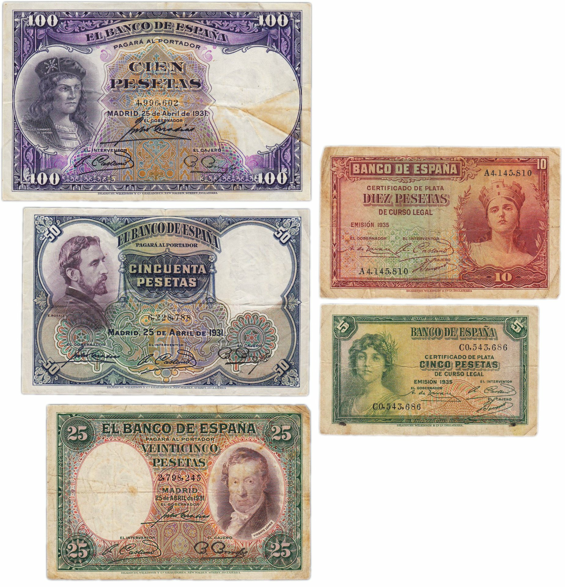 Набор Испания 5, 10, 25, 50 и 100 песет 1931, 1935 Висенте Лопес Портанья, Эдуардо Росалес, Гонсало Фернандес де Кордова, Парусник 5 бон