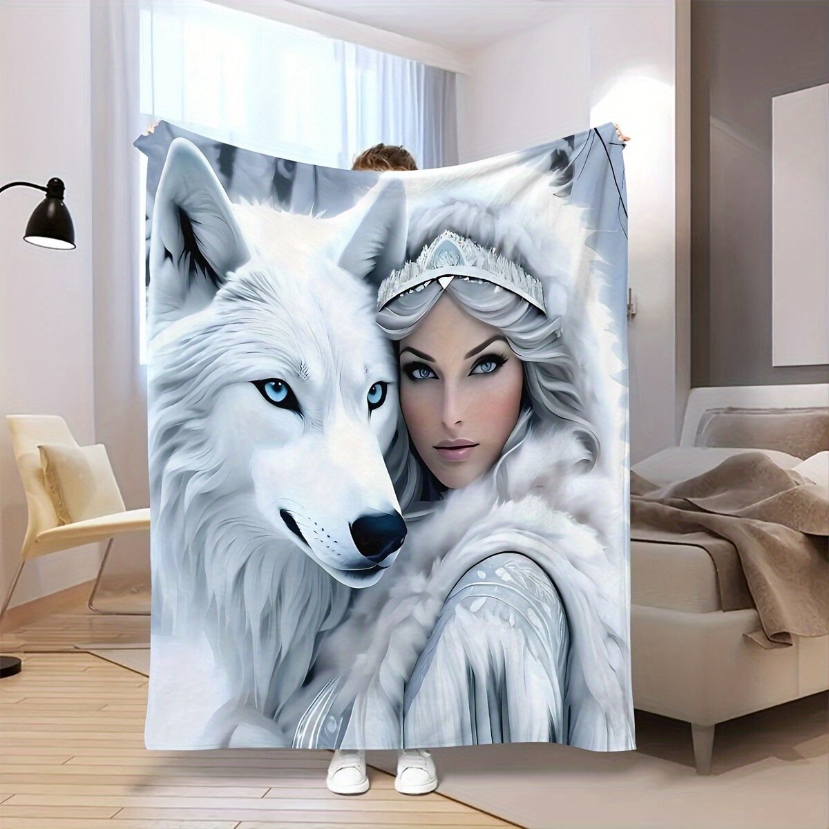 Флисовый плед с принтом волка и кота, всесезонный, для машинной стирки, 27,56×39,37 дюйма