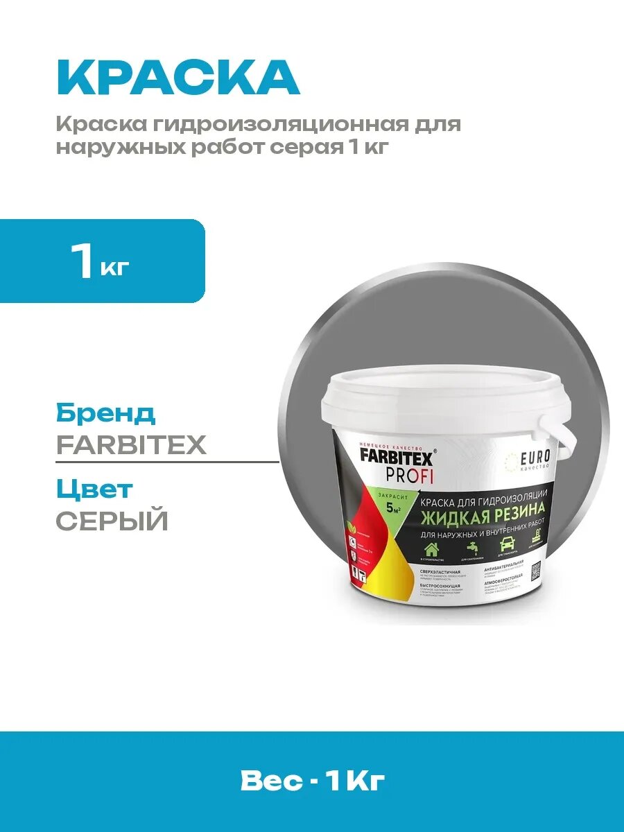 Гидроизоляция акриловая серая 1 кг краска для наружных работ