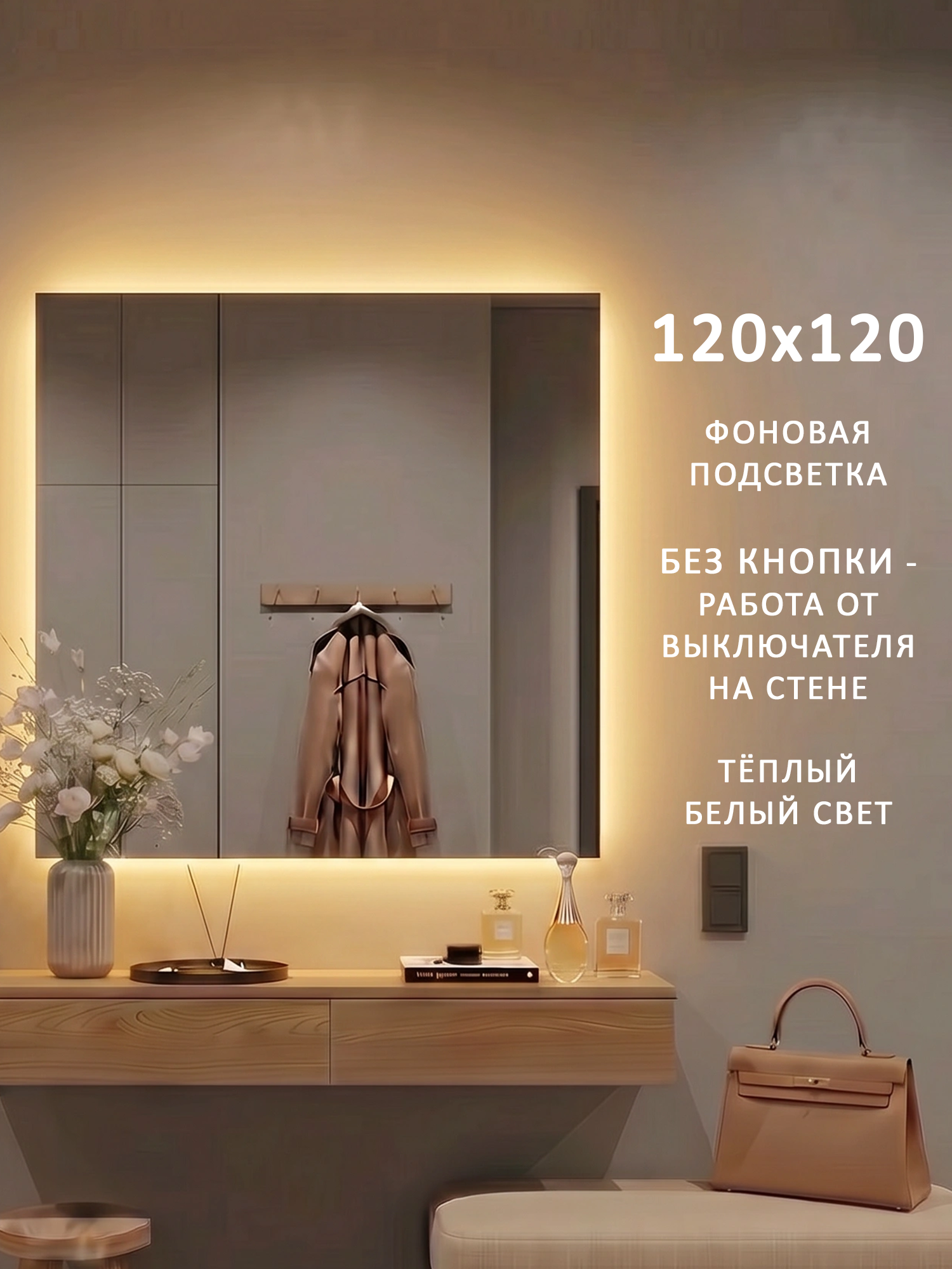 Зеркало настенное в прихожую Alias Квартал 120*120, тёплая LED-подсветка, без кнопки от выключателя