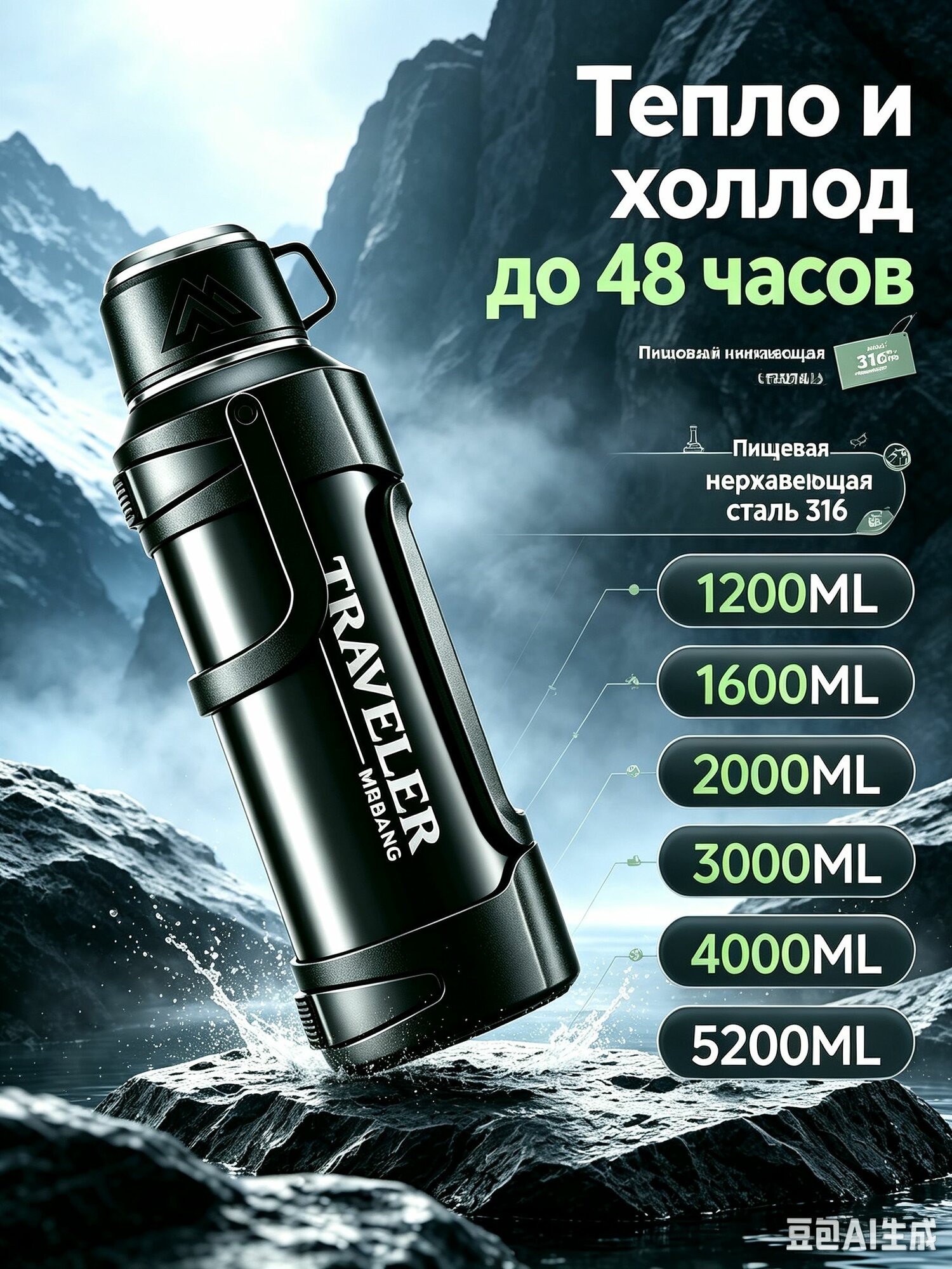 Термос 1200 мл мужской для рыбалки и охоты, туристический вакуумный термос 1.6 л с ситечком, чашкой и ремнем