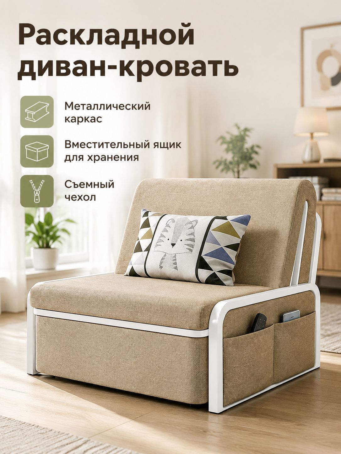 Складной диван-кровать с ящиком для хранения, 80 см, каркас белый, обивка хаки, 7 см