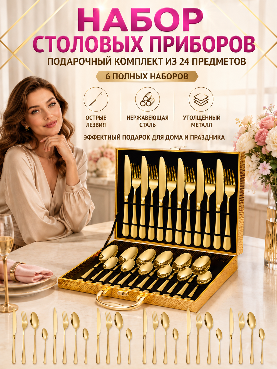 Набор посуды из нержавеющей стали из 24 предметов с подарочной коробкой для обеденного стола