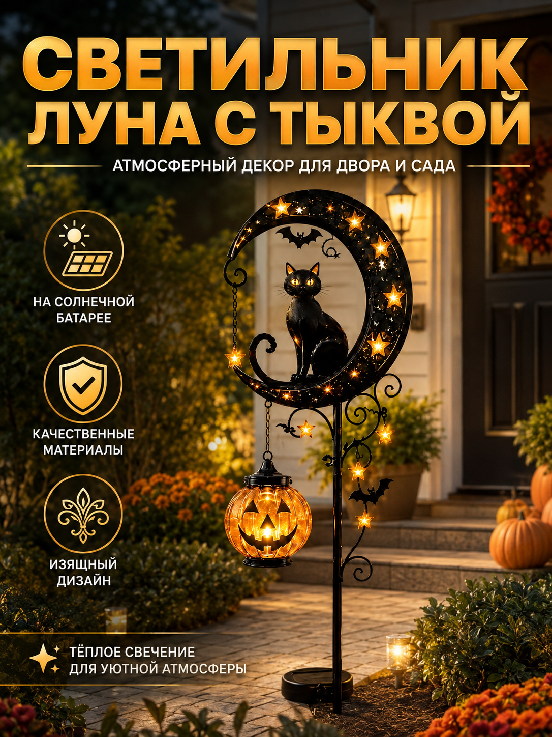 Солнечный садовый светильник с кошкой на луне, тыквенные фонари, металлическая конструкция, для декора дачи и участка к Хэллоуину