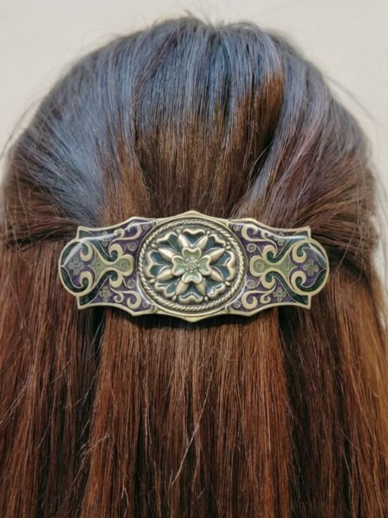 Clara Bijoux Заколка-автомат для волос10 см Green Arabesque, латунь, ручная роспись эмалью, Испания