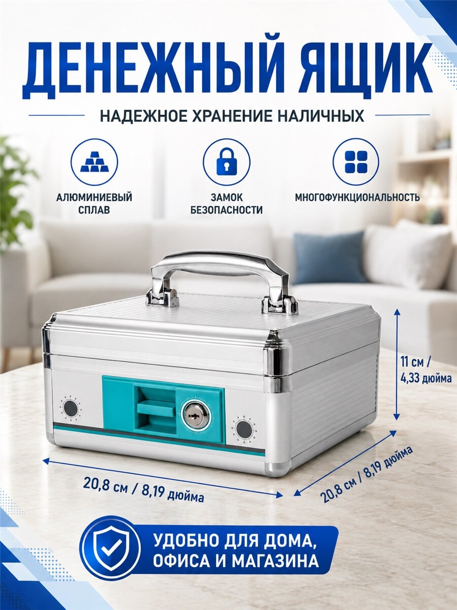 Денежный ящик из алюминиевого сплава с замком безопасности, многофункциональный, для надежного хранения наличных дома, в офисе и магазине