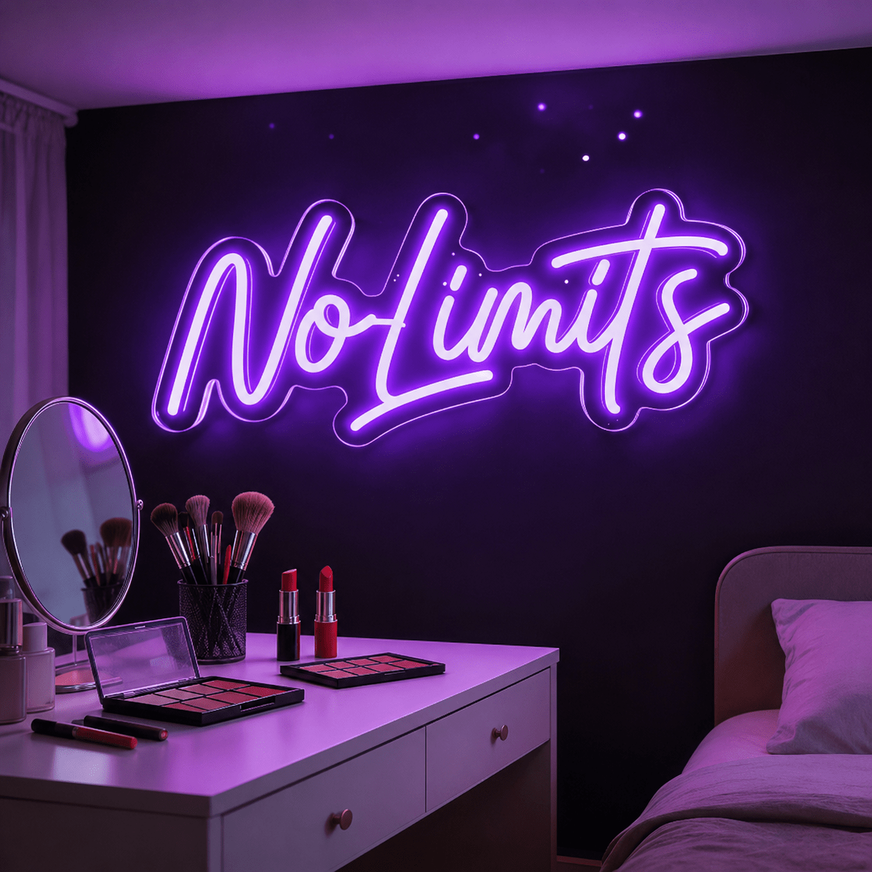 Неоновая светодиодная вывеска с женской вдохновляющей надписью No Limits, однострочная, акриловая панель, питание от USB, настенная, для студии красоты и спальни, фиолетовый, 8 дюймов, 4 буквы