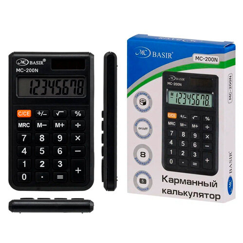 Калькулятор карманный 8 разрядов Basir МС-200N, 103*72*14мм, батарейка, черный, количество: 1 шт