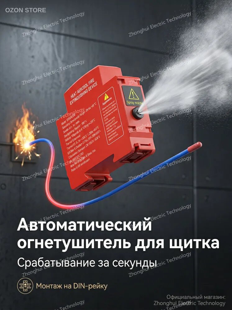 Автономная установка аэрозольного пожаротушения, автоматический огнетушитель для автомобиля, электрощита и ИБП, крепление на -рейку, термоактивирующийся, 10г