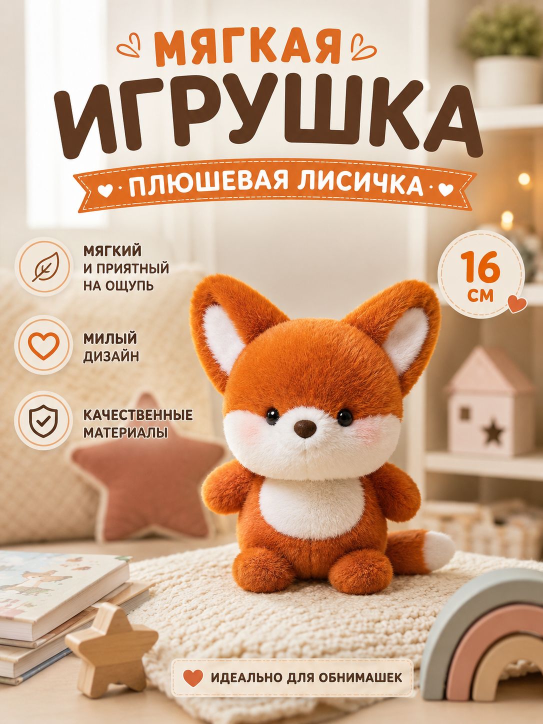Мягкая игрушка лисенок 16 см, плюшевая лиса для детей, короткий плюш, подарок девочке и мальчику, 1 шт