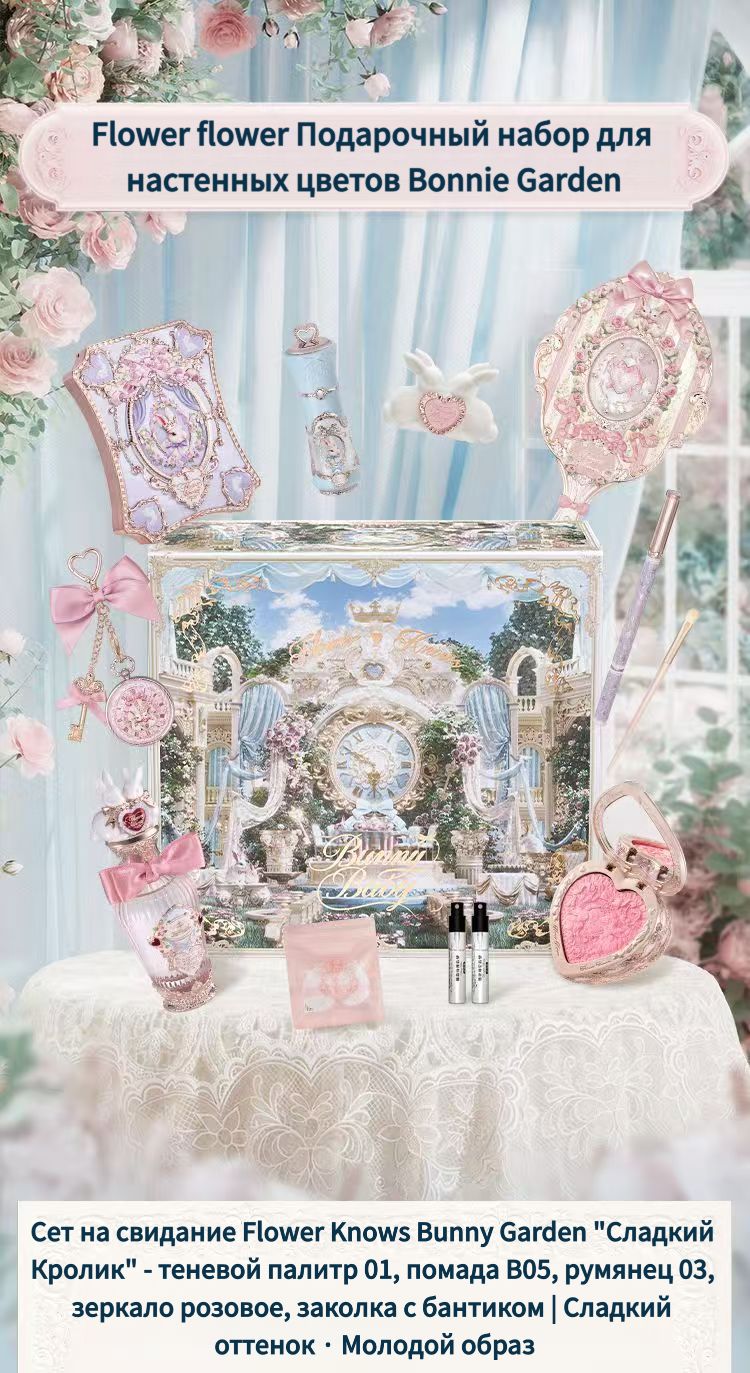 Flower Knows Rabbit Garden "Милый кролик"-Палитра теней 01, Губная помада B05, Румяна 03, Розовое зеркало