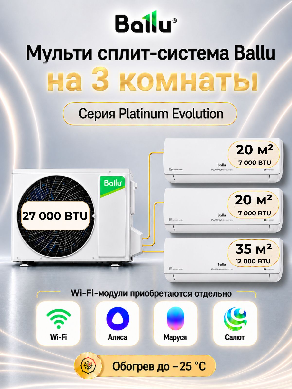 Мульти сплит система на 3 комнаты 20+20+35 м2 инвертор кондиционер Ballu Platinum Evolution BSUI-FM/in-07HN8/EUx2 12HN8/EU BA3OI-FM/out-27HN8/EU, комплект белого цвета