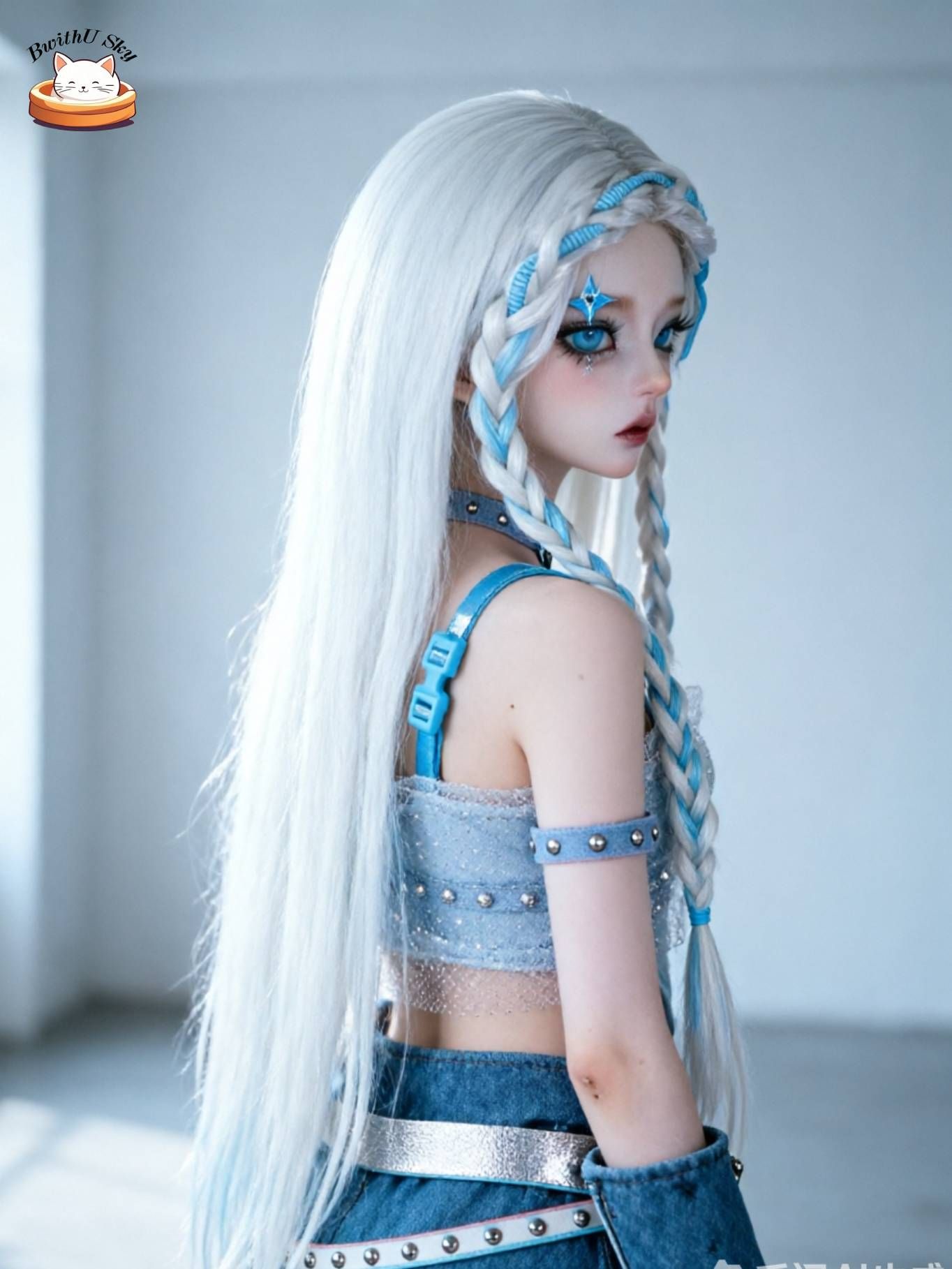 BwithUSky Linyi 1/4 BJD кукла: футуристичный образ в джинсовом костюме с заклёпками, длинные белые волосы, голубые глаза. Идеальна для коллекций и фотосессий в стиле киберпанк