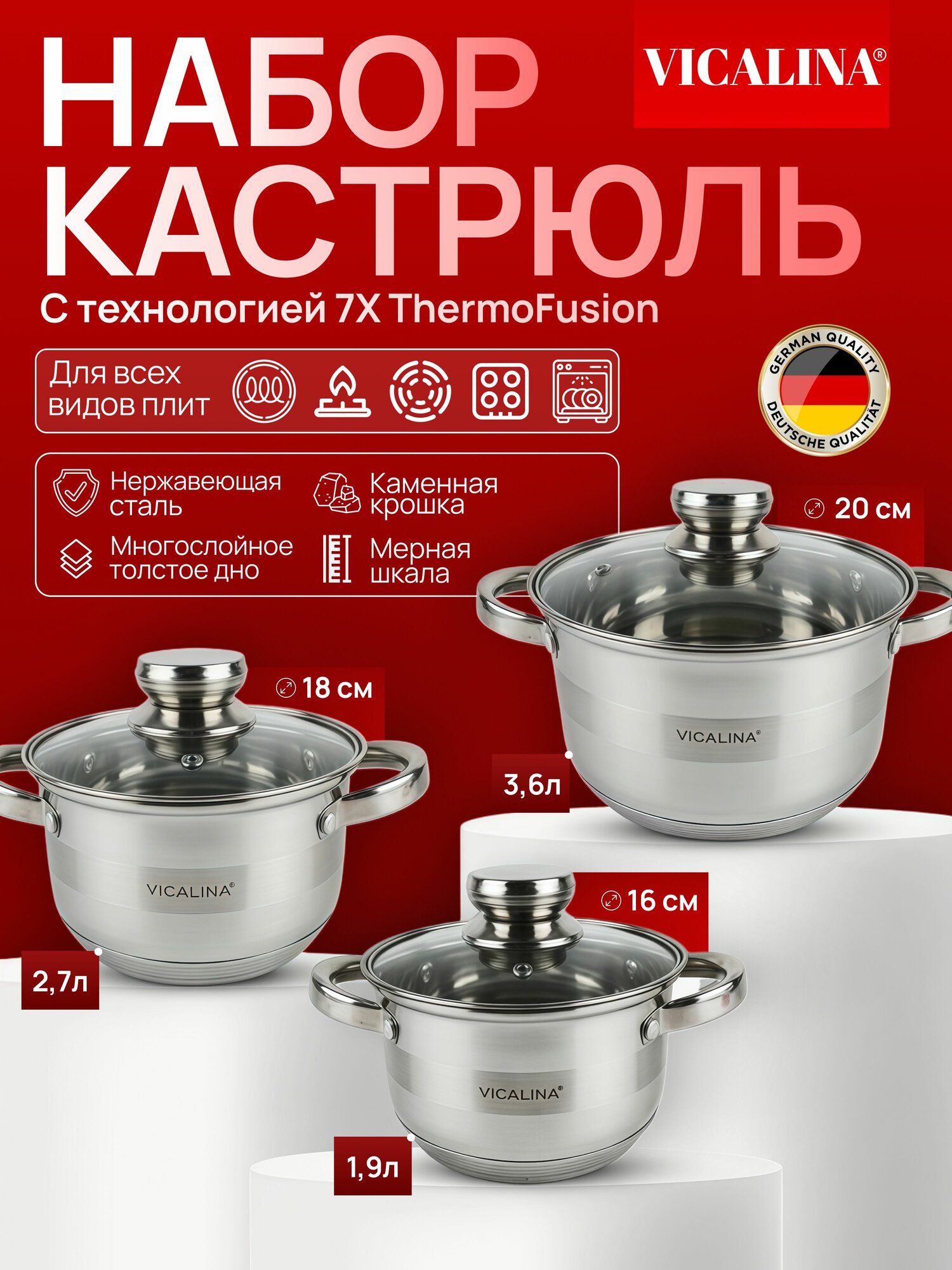 Набор кастрюль 3 в 1 с крышкой из нержавеющей стали, с антипригарным покрытием, для всех типов плит Vicalina VL-275 / Объёмы: 1,9 л; 2,7 л; 3,6 л