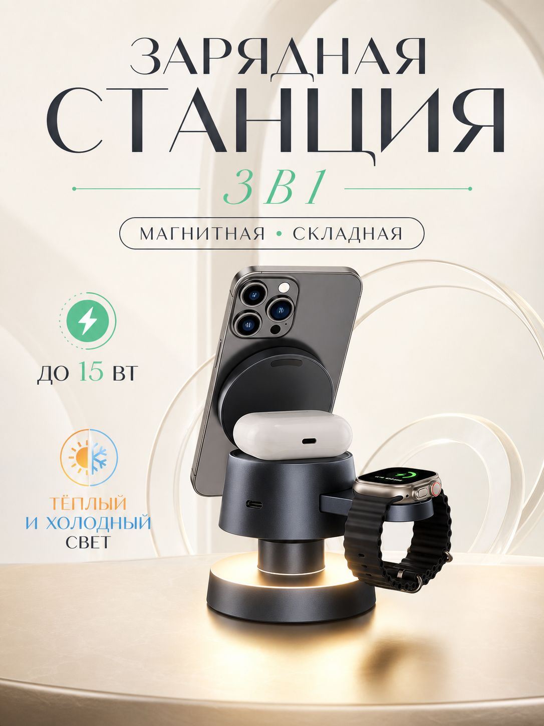 Беспроводная зарядная станция 3 в 1 с ночником, магнитная складная док-станция для iPhone, Apple Watch и наушников, до 15 Вт