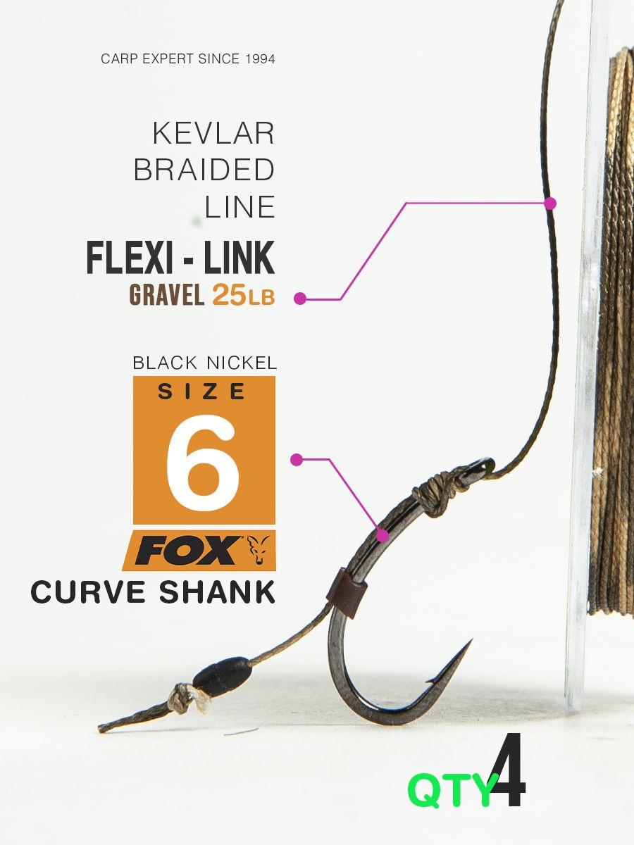 Готовые рыболовные поводки с крючком FOX Curve Shank №6, FUN FISHING KEVLAR 25lb - 18см, в уп. 4шт