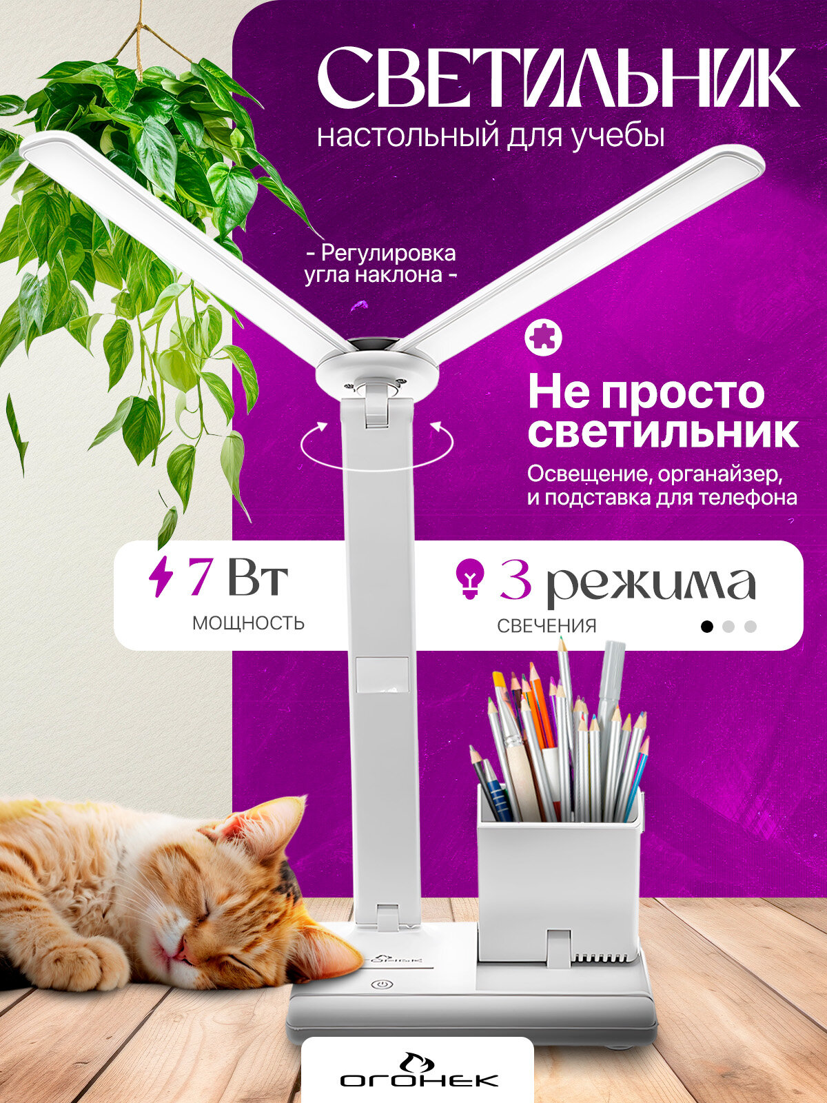 Лампа настольная для школьника с органайзером Огонёк OG-LDP40A