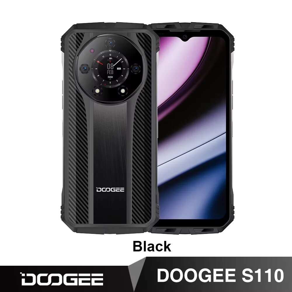 Глобальная версия защищенного телефона DOOGEE S110 с 6,58-дюймовым экраном FHD+, процессором Helio G99, 12 ГБ оперативной памяти + 256 ГБ встроенной памяти, 50-мегапиксельной камерой, Android 13 и NFC.