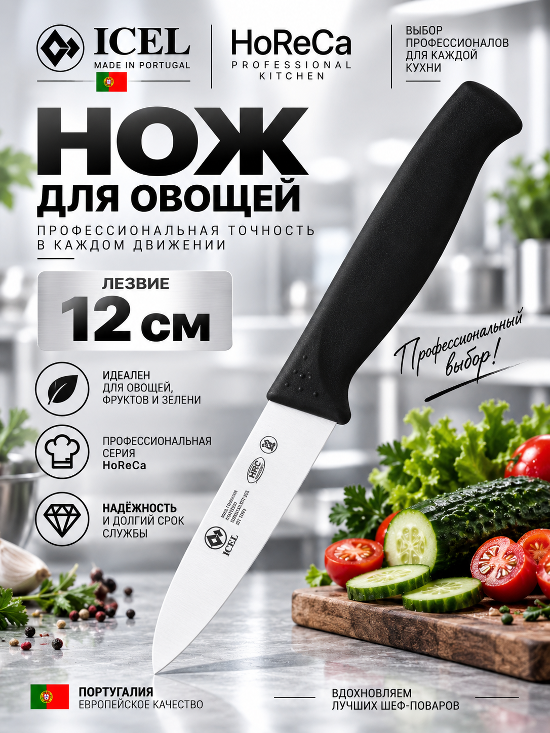 Нож для овощей 120/230 мм. черный, ICEL HoReCa, нержавеющая сталь