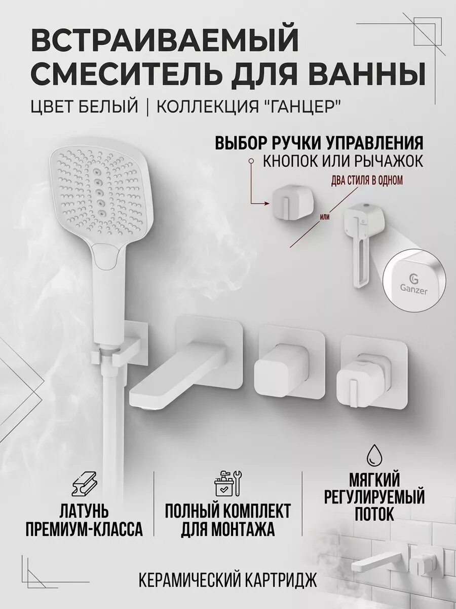 Смеситель скрытого монтажа для ванны с душем Ganzer GZ12134-F белый