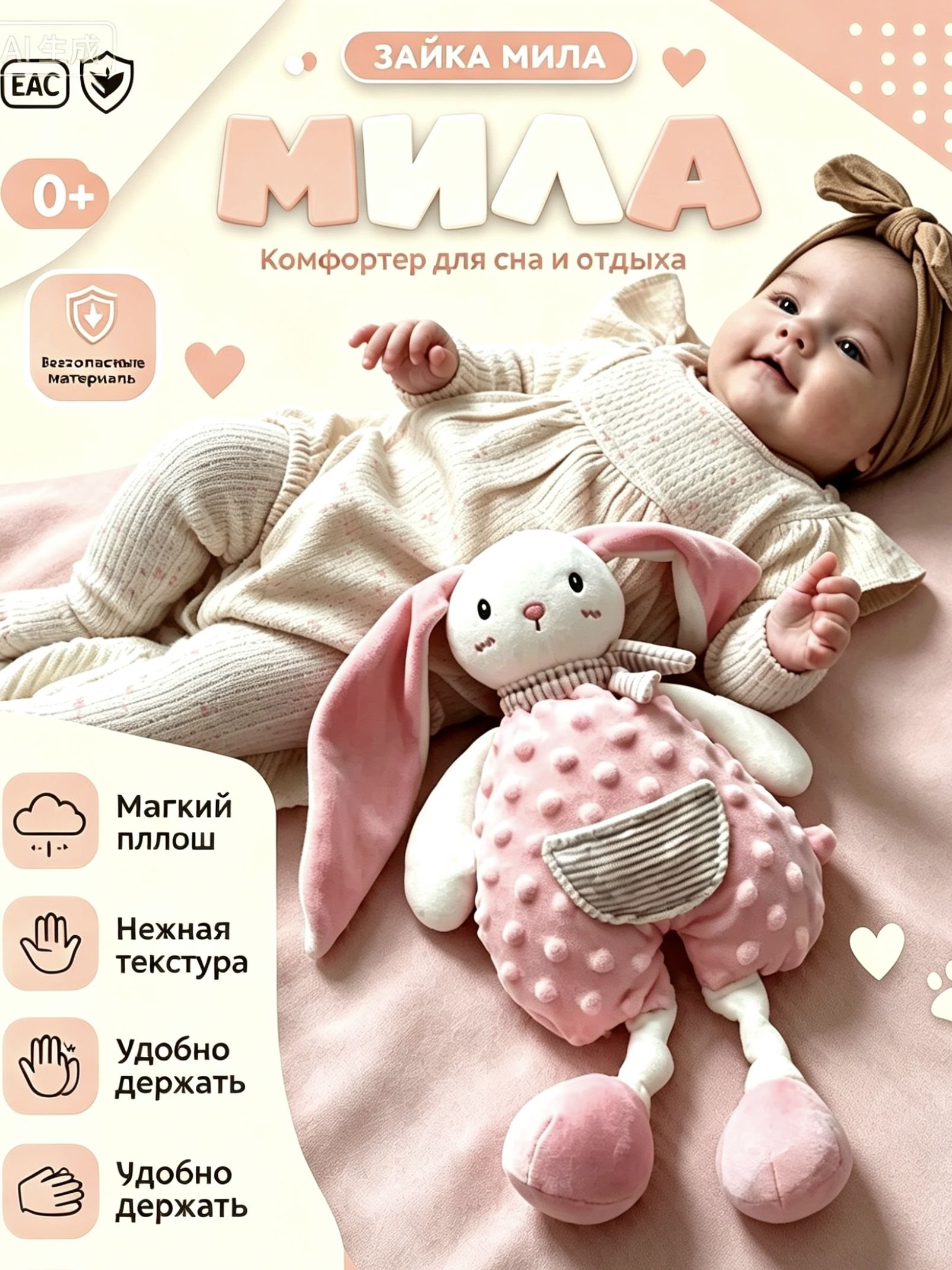 Комфортер зайка Мила, мягкая игрушкапогремушка для новорожденных, тактильная игрушка для сна, подарок для малыша 0+